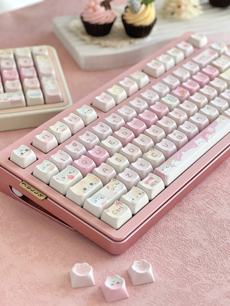 Cute Keyboard PBT Side-Printed Keycap Set - 136 Keys, Cat Theme 'Meow ...